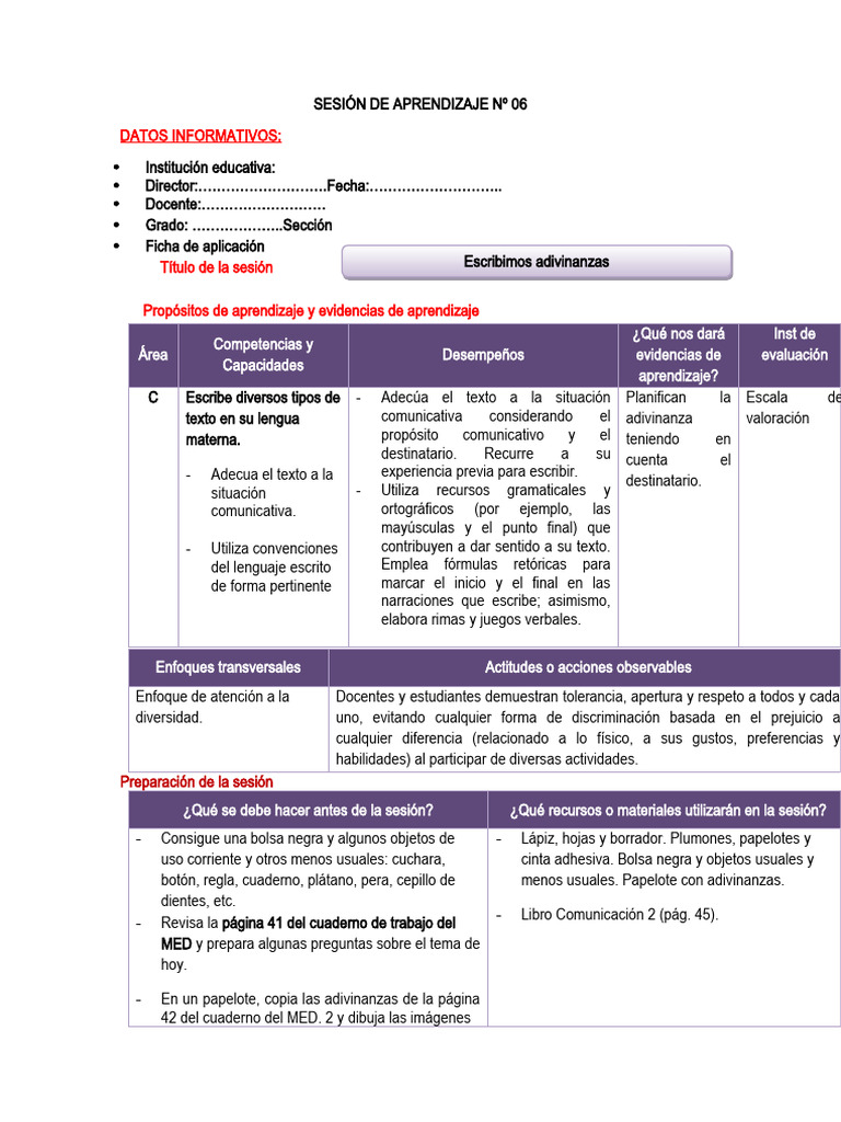 SESIÓN Adivina Escribimos Adivinanzas | PDF | Aprendizaje