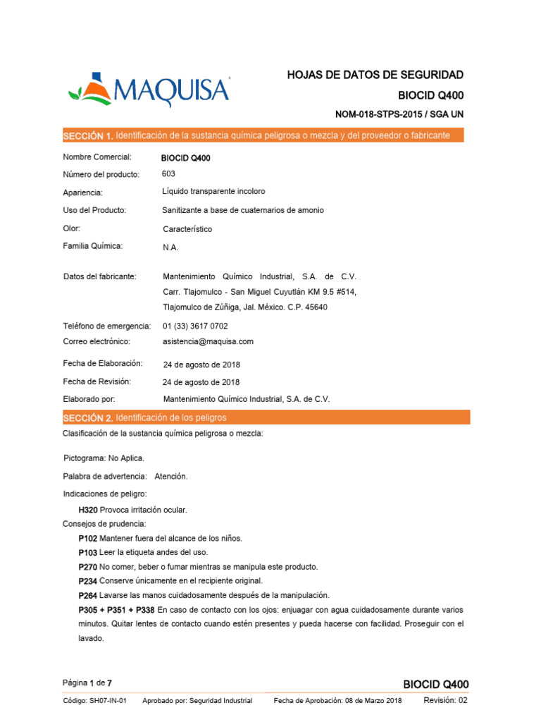 Biocid Q400 Hoja de Seguridad | PDF | Agua | Residuos