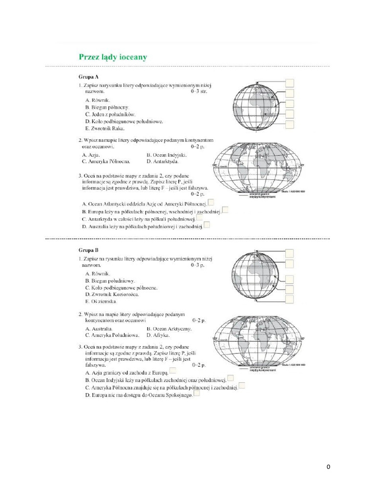 Geografia Klasa 5 Lądy I Oceany Ziemii Test I Kartkówka | PDF