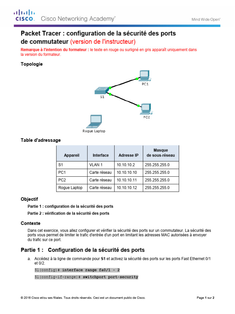 5.2.2.7 Packet Tracer - Configuring Switch Port Security Instructions - ILM | PDF | Commutateur ...