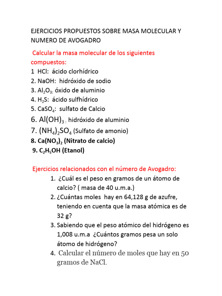 Ejercicios Propuestos Sobre Masa Molecular y Numero de Avogadro | PDF