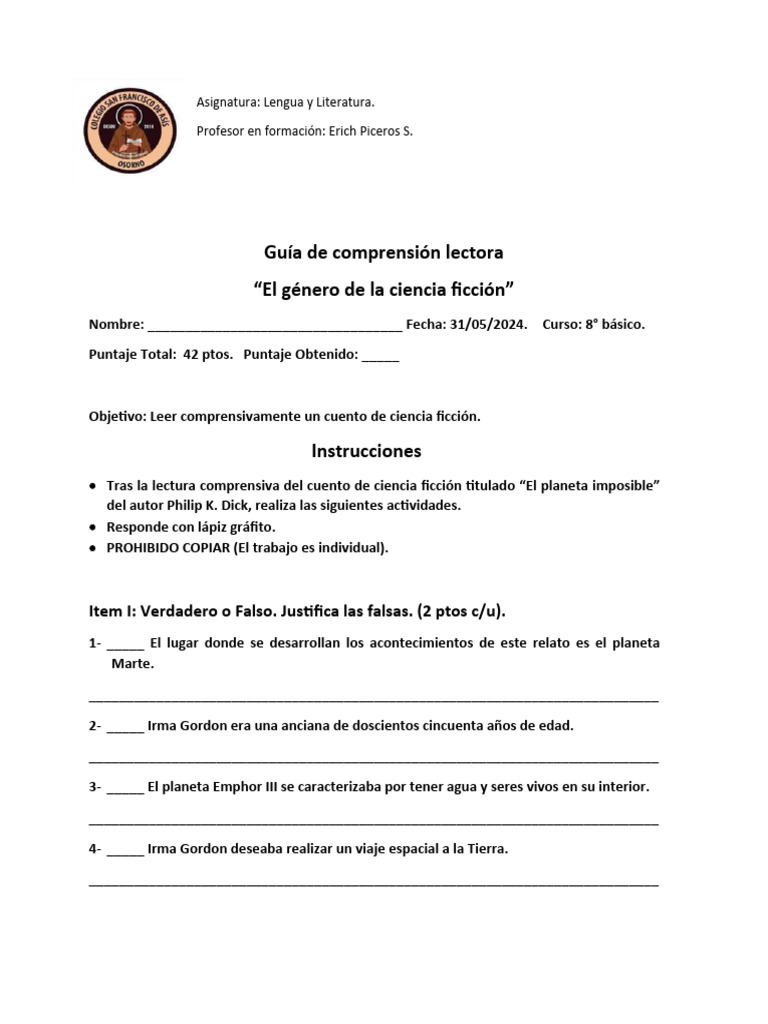 Guía de Comprensión Lectora - El Planeta Imposible | PDF | Planetas ...
