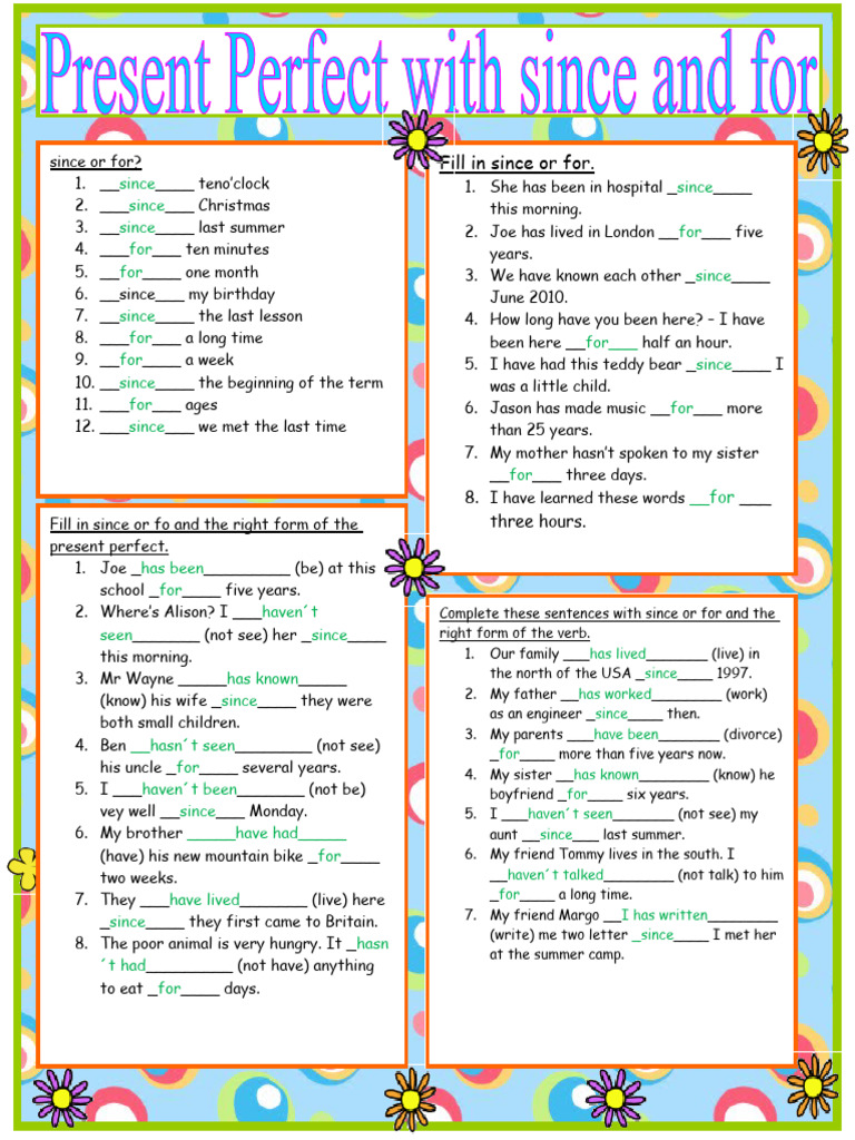 For Since Worksheet Pdf