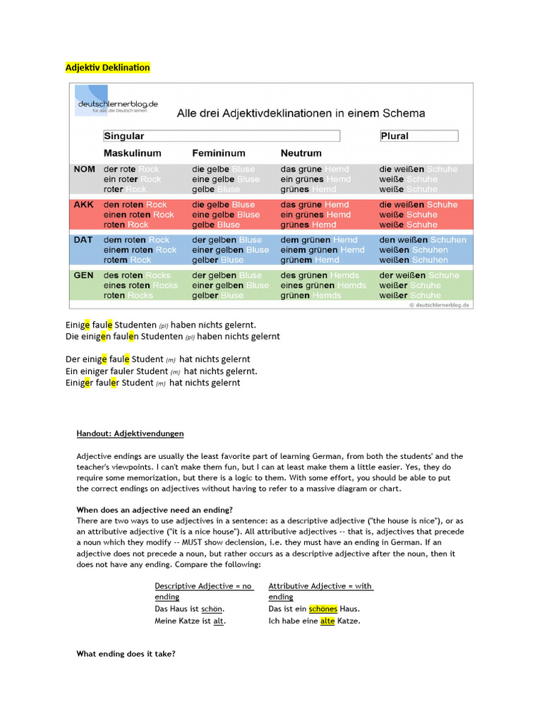 Adjektiv Deklination 24 03 24 | PDF | Grammatical Gender | Adjective
