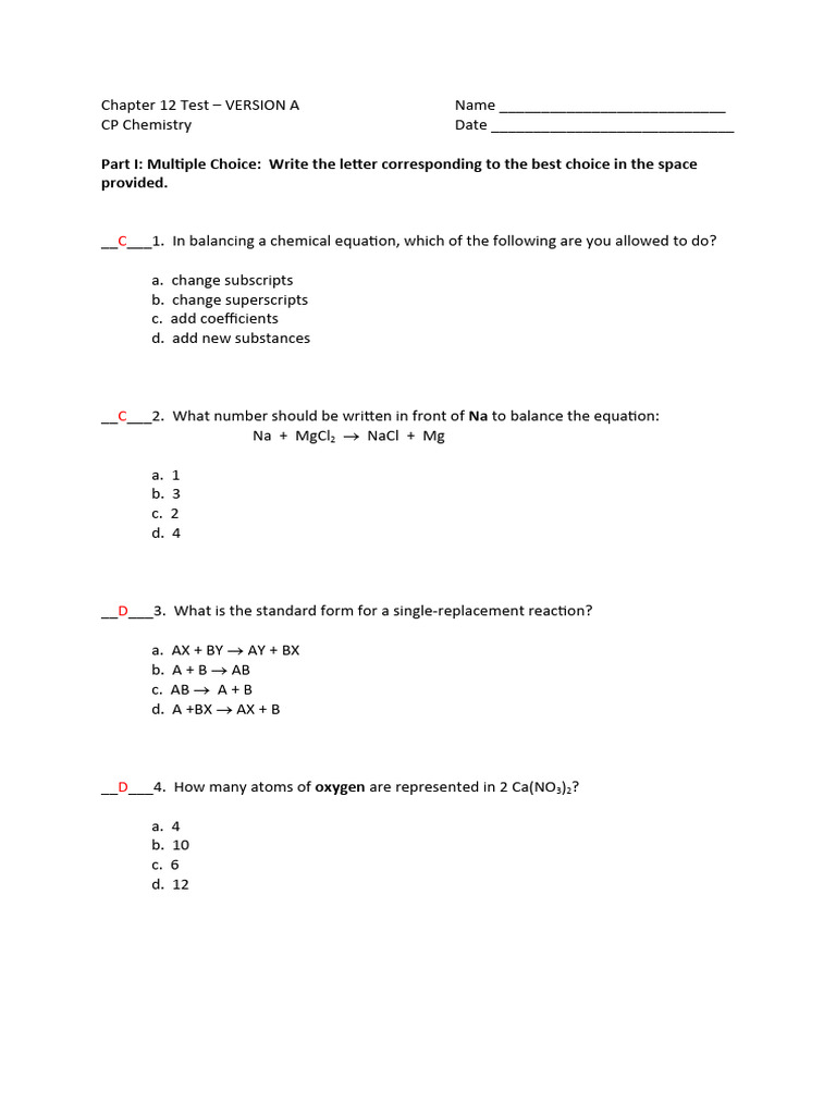 Chapter 12 Test | PDF | Chemical Reactions | Reaction Rate