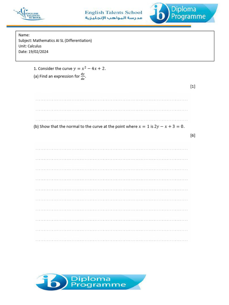 Worksheet - Differentiation | PDF | Tangent | Gradient