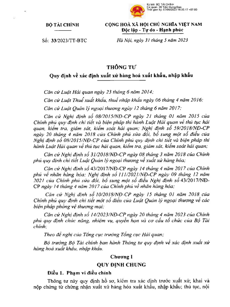 Quy Đinh Ve Xuat Xu Hang Hoa TT | PDF
