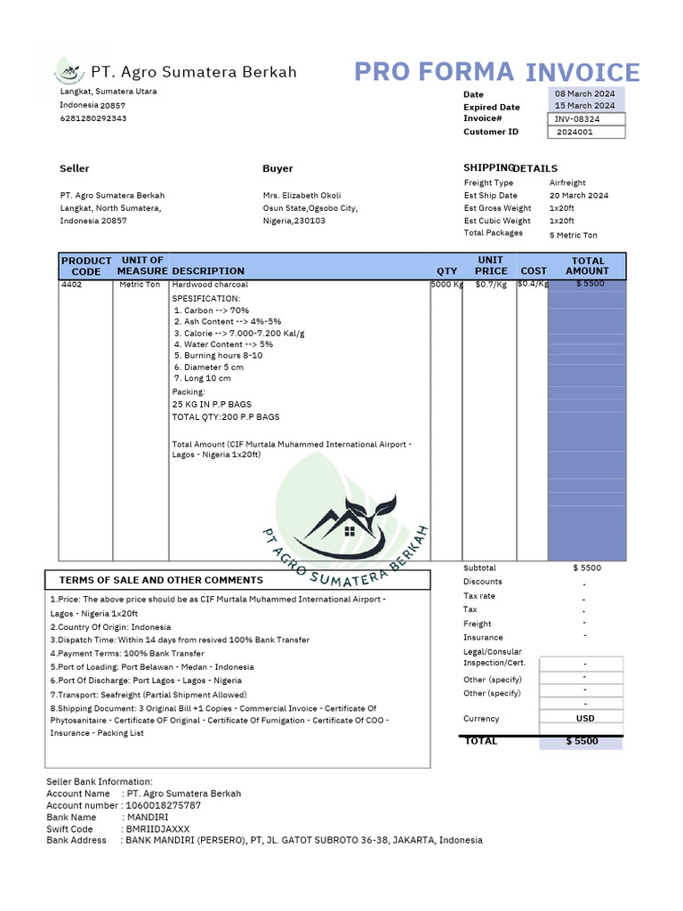 Proforma Invoice PT. Agro Sumatera Berkah PDF | PDF | Cargo | Pro Forma