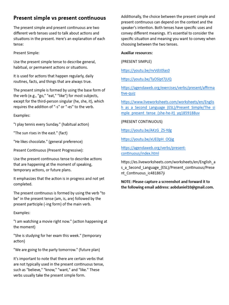 Present Simple Vs Present Continuous | PDF | Grammatical Tense | Verb