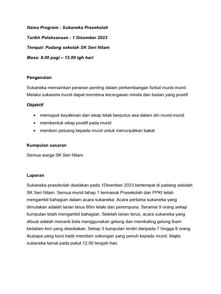 Laporan Sukaneka 2023 | PDF