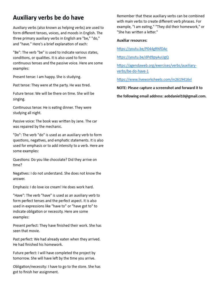 Auxiliary Verbs Be Do Have | PDF | Verb | Grammatical Tense