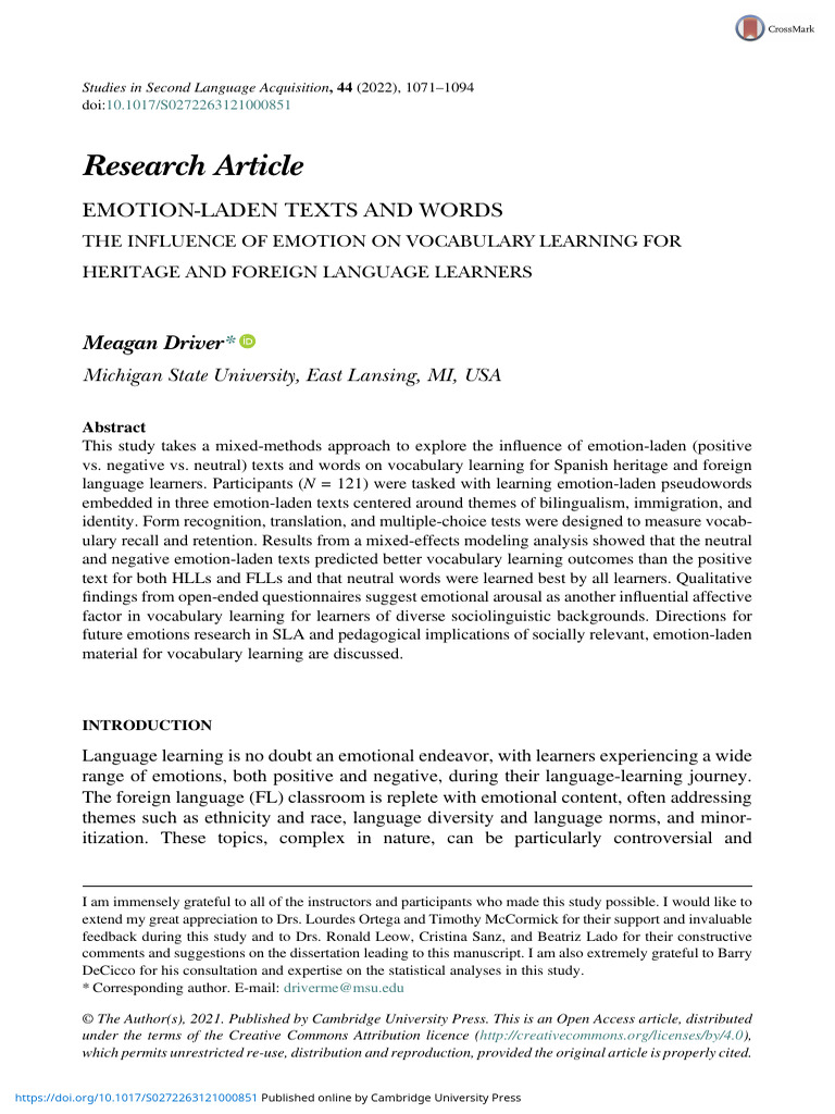 Emotion Laden Texts and Words The Influence of Emotion On Vocabulary ...