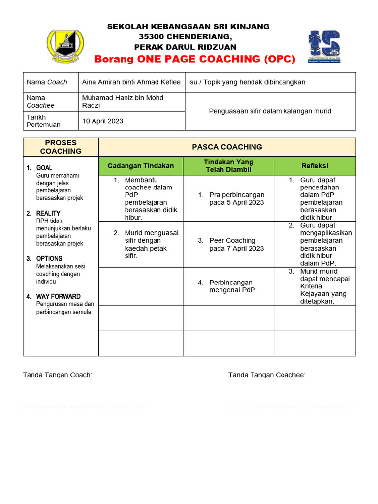 Borang ONE PAGE COACHING | PDF
