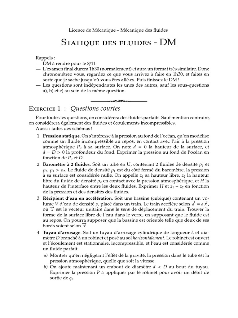 DM Statique des Fluides : Exercices et Équations | PDF | Pression | Fluide