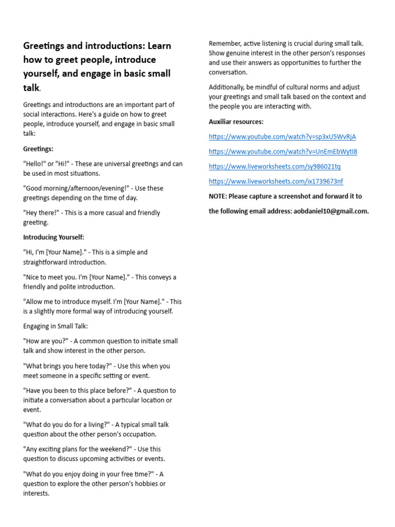 Greetings & Small Talk Guide | PDF | Human Communication | Communication
