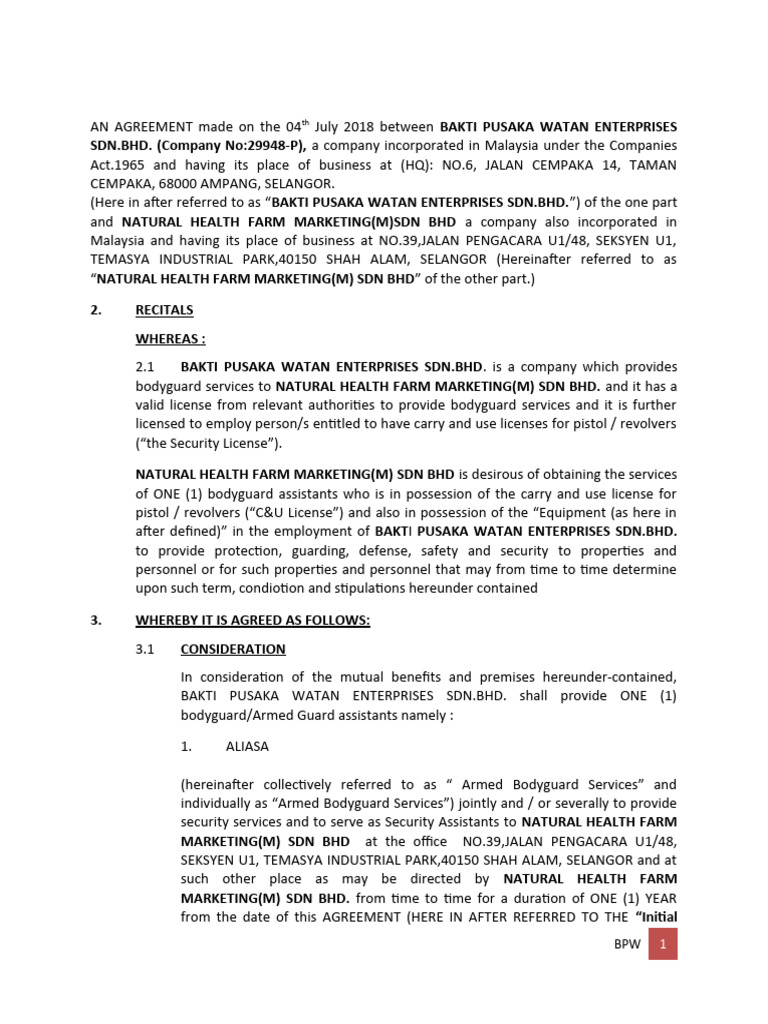 Bodyguard Agreement Draft | PDF | Insurance | Liability Insurance