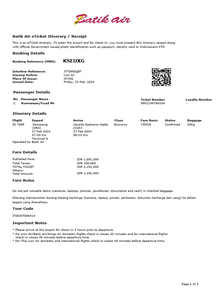 Batik Air eTicket for Travelers | PDF | Aviation | Airlines
