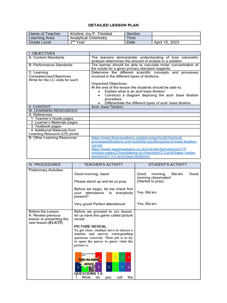 Acid-Base Titration Lesson Plan | PDF | Titration | Chemistry