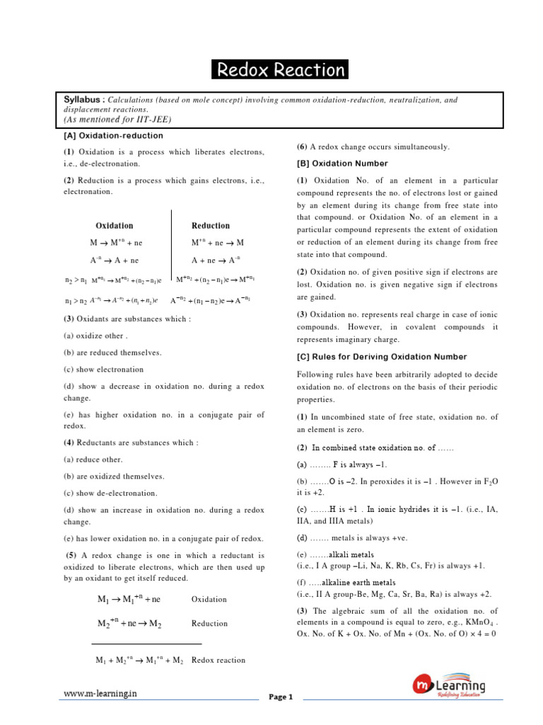 Study Package on Redox Reaction | PDF | Redox | Chemical Reactions