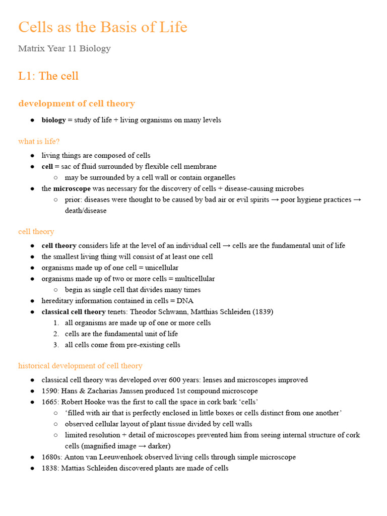 (MATRIX) YEAR 11BIO - Cells As The Basis of Life | PDF | Cell Membrane ...