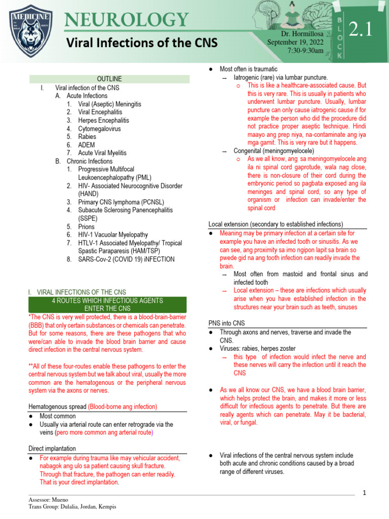 Neuro B2.1 Viral Infections of The CNS | PDF | Meningitis | Infection
