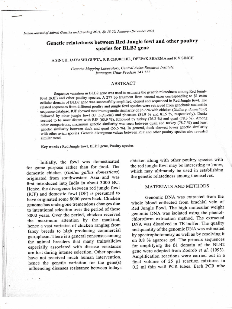 Genetic Relatedness Between Red Jungle Fowl and Other Poultry Species ...