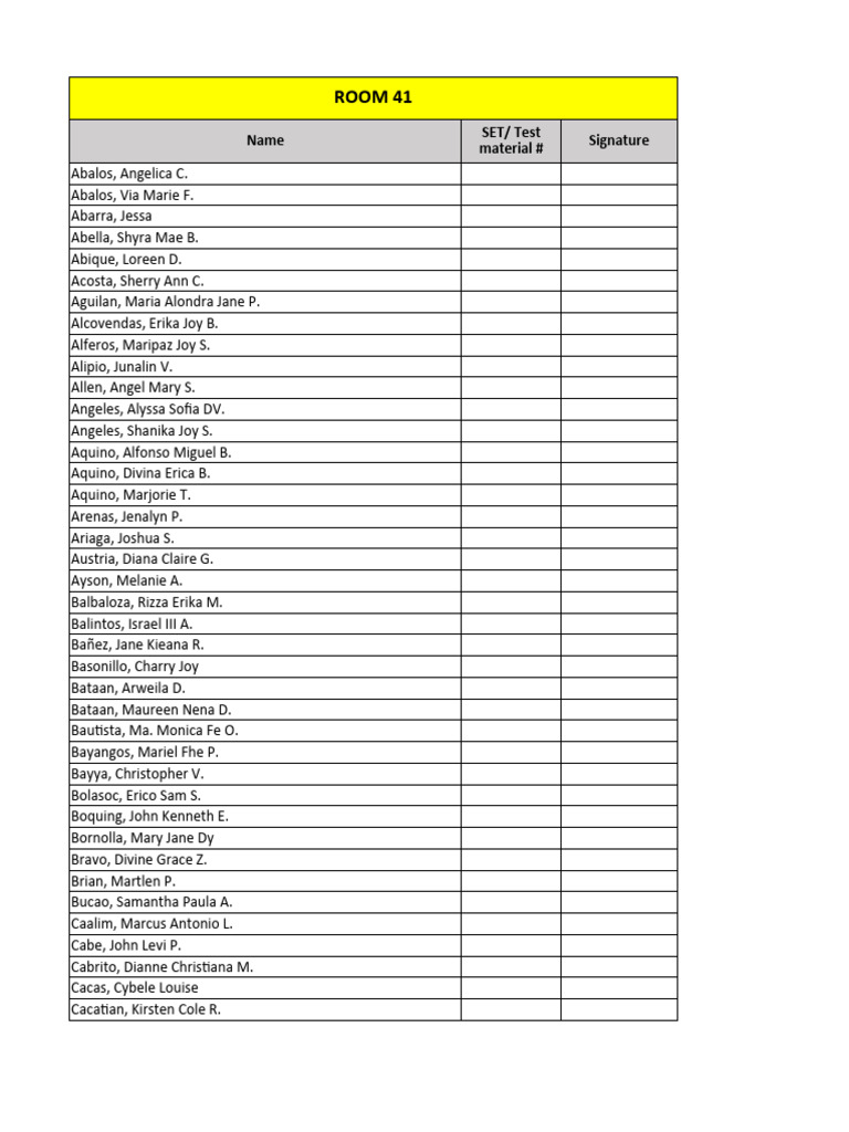 Student Signatures List by Room | PDF
