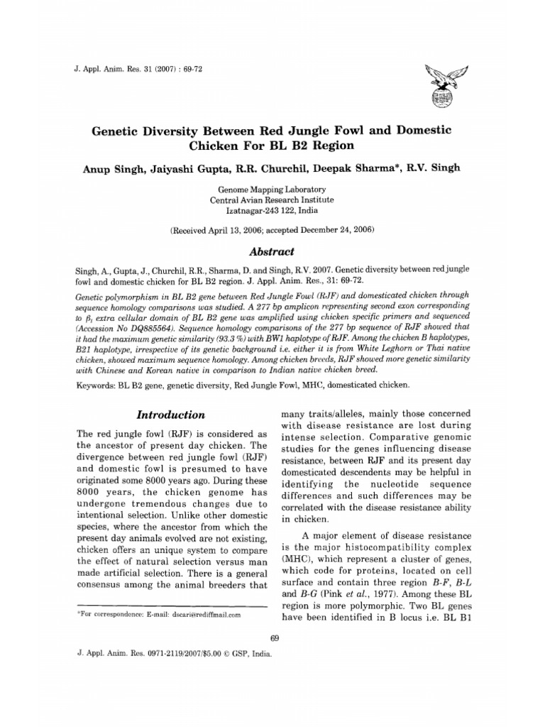Genetic Diversity Between Red Jungle Fowl and Domestic Chicken For BLB2 ...