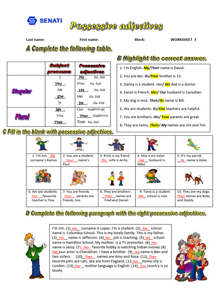 Possessive Adjectives and Pronouns Worksheet | PDF | Language Arts ...