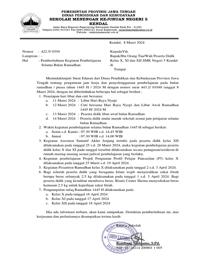 Surat Pemberitahuan Kegiatan Ramadhan 2024 | PDF