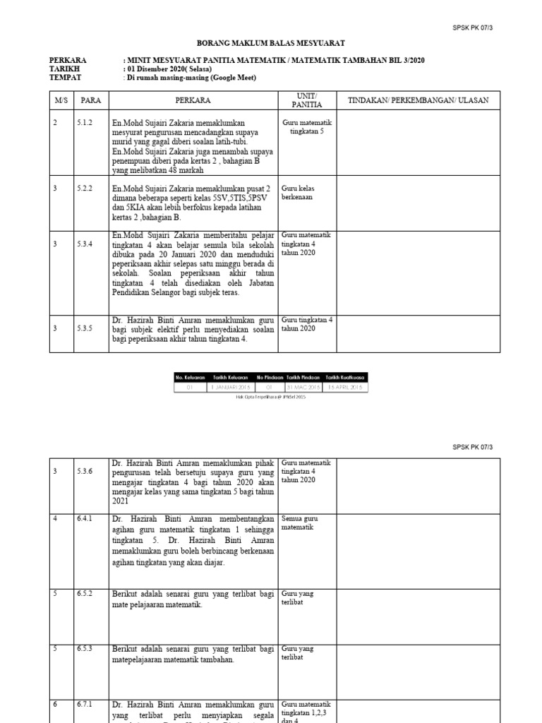 Contoh PK07-3 Borang Maklum Balas Kali 32020 | PDF