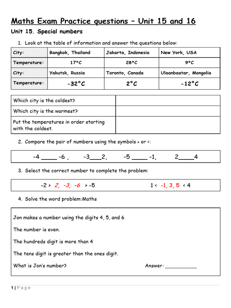 Exam Practice Questions G3 Maths Unit-15-16 | PDF | Meteorology ...