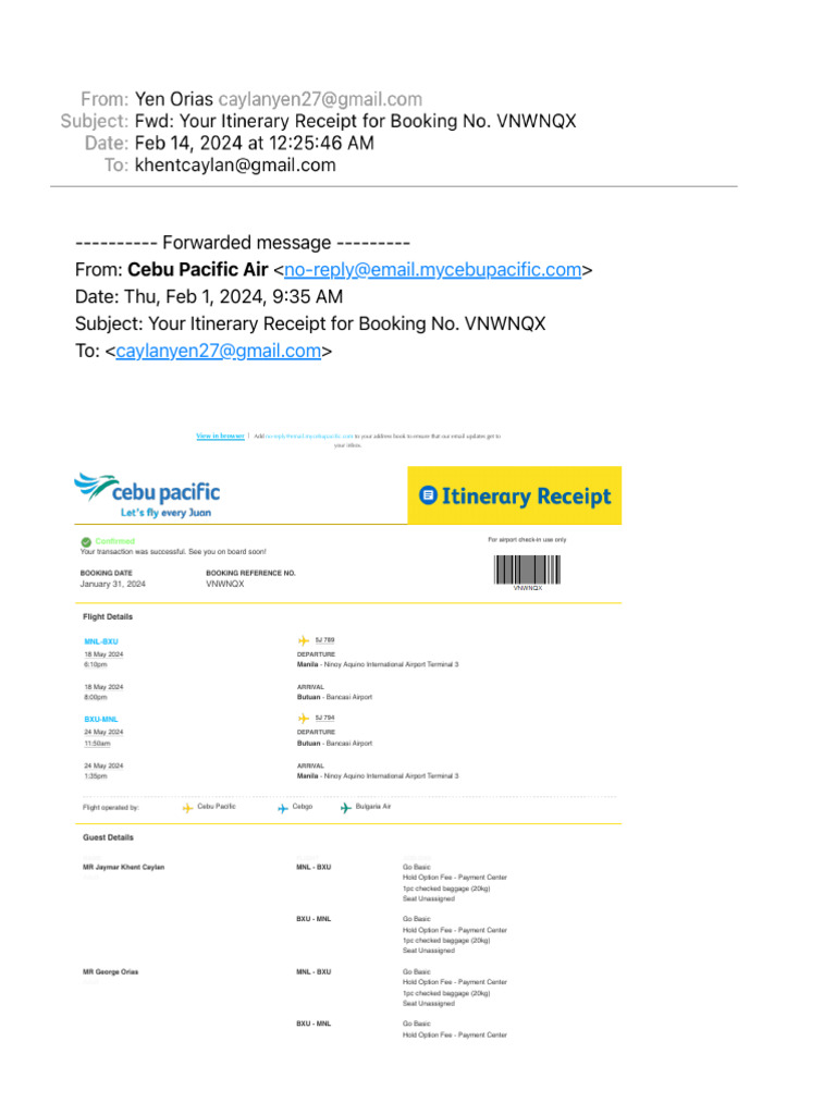Flight Itinerary: Cebu Pacific Booking | PDF | Fee