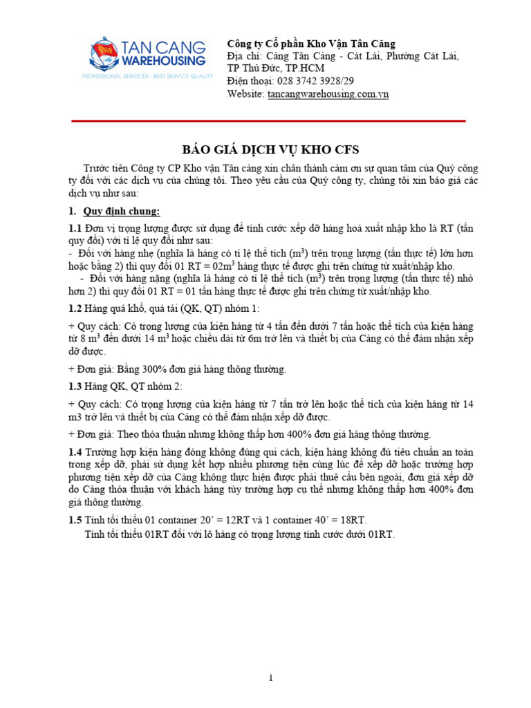 Báo Giá Kho CFS 2023 Hàng Thông Thư NG20230703093825 | PDF