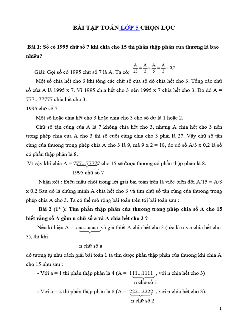 Bai Tap Nang Cao Lop 5 Mon Toan | PDF