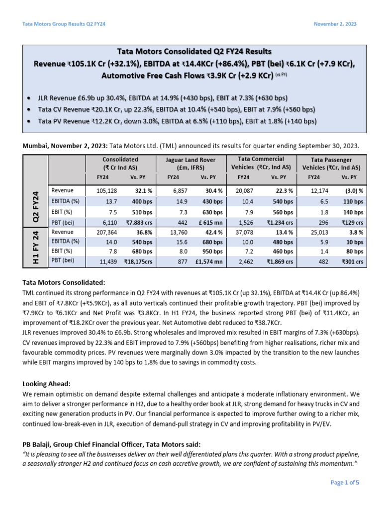 Tata Motors Group Q2 FY24 Financial Results Press Release | PDF | Economies
