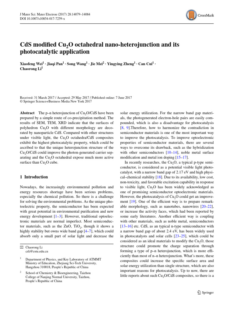 CDS Modified Cu2O Octahedral Nano-Heterojunction and Its | PDF ...