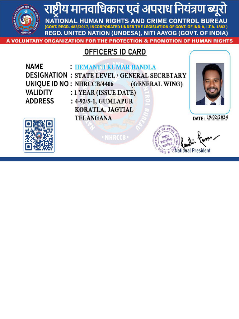 Designation Id Card Hemanth Kumar Bandla | PDF