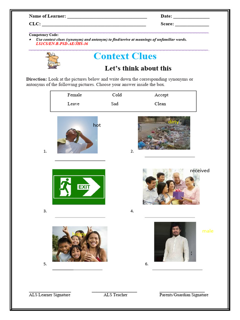Context Clues: Synonyms and Antonyms Worksheet | PDF | Wellness