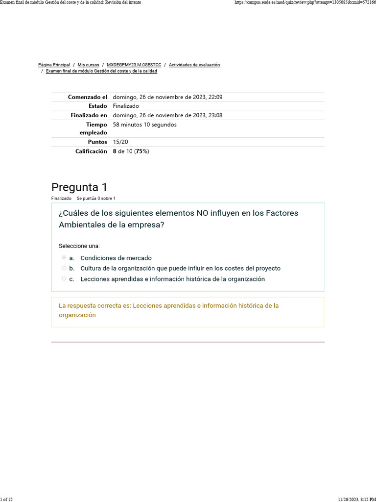 Examen Final - Mod 11 - Gestión Coste y Calidad Revisión Del Intento ...
