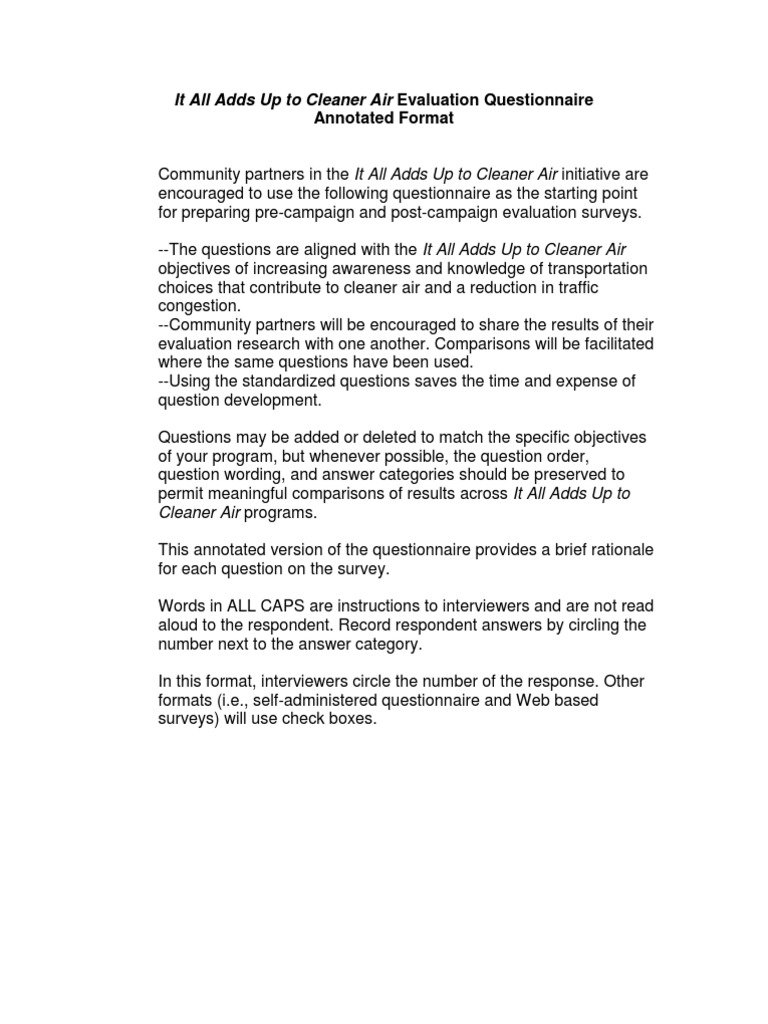 It All Adds Up To Cleaner Air Evaluation Questionnaire: Annotated ...