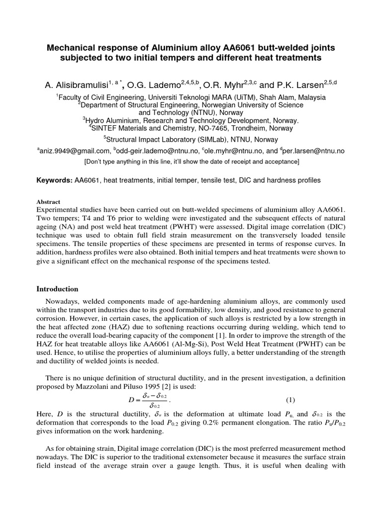 Mechanical Response of Aluminium Alloy AA6061 Butt-Welded Joints Subjected To Two Initial ...
