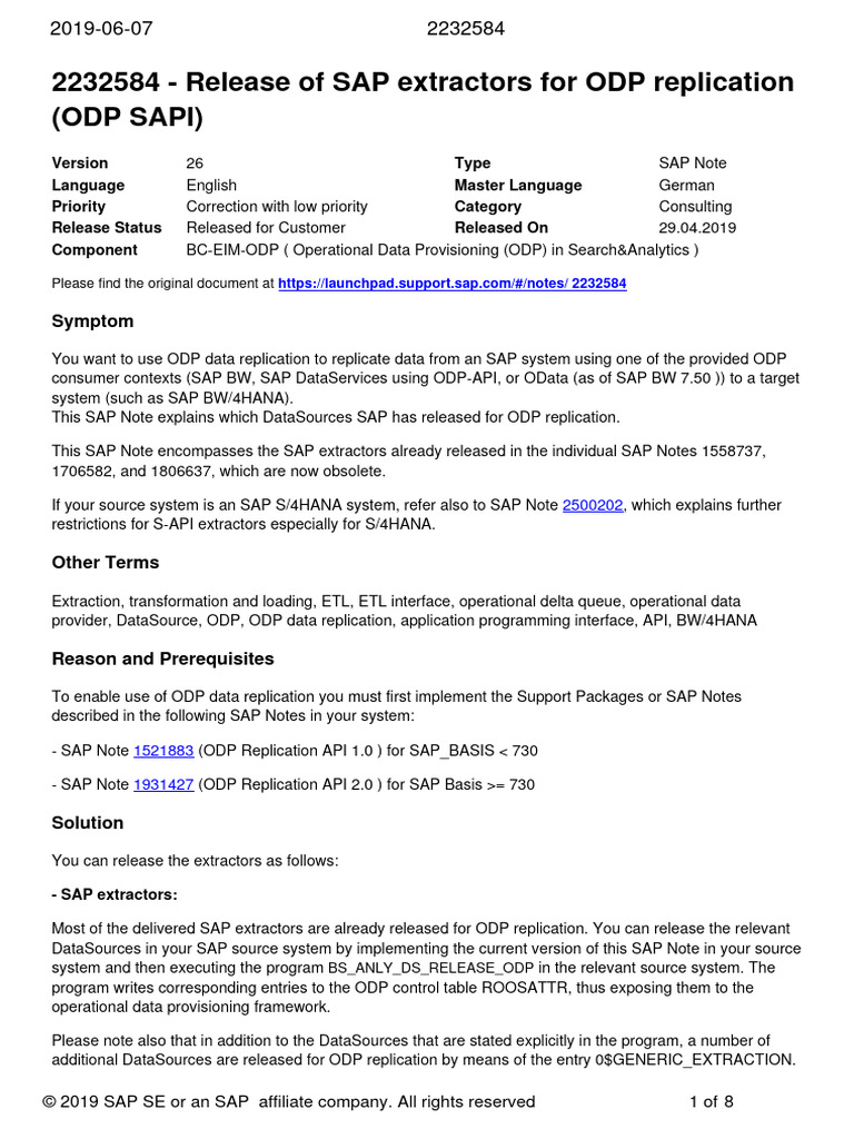 SAP Note 2232584 - How To Release Datasource For ODP | PDF | Software Development | Information ...