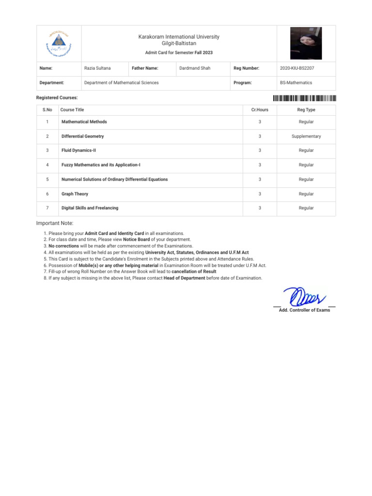 KIU Fall 2023 Admit Card Details | PDF | Equations | Mathematics