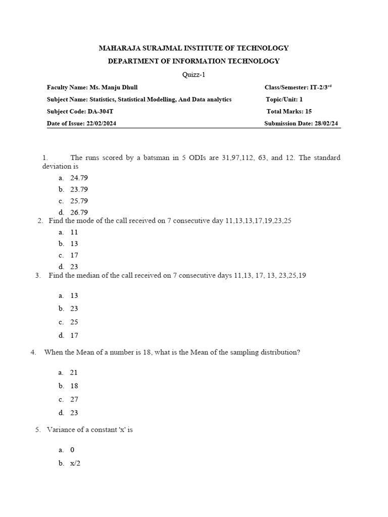 Quizz-1 unit-1 | PDF | Mean | Median
