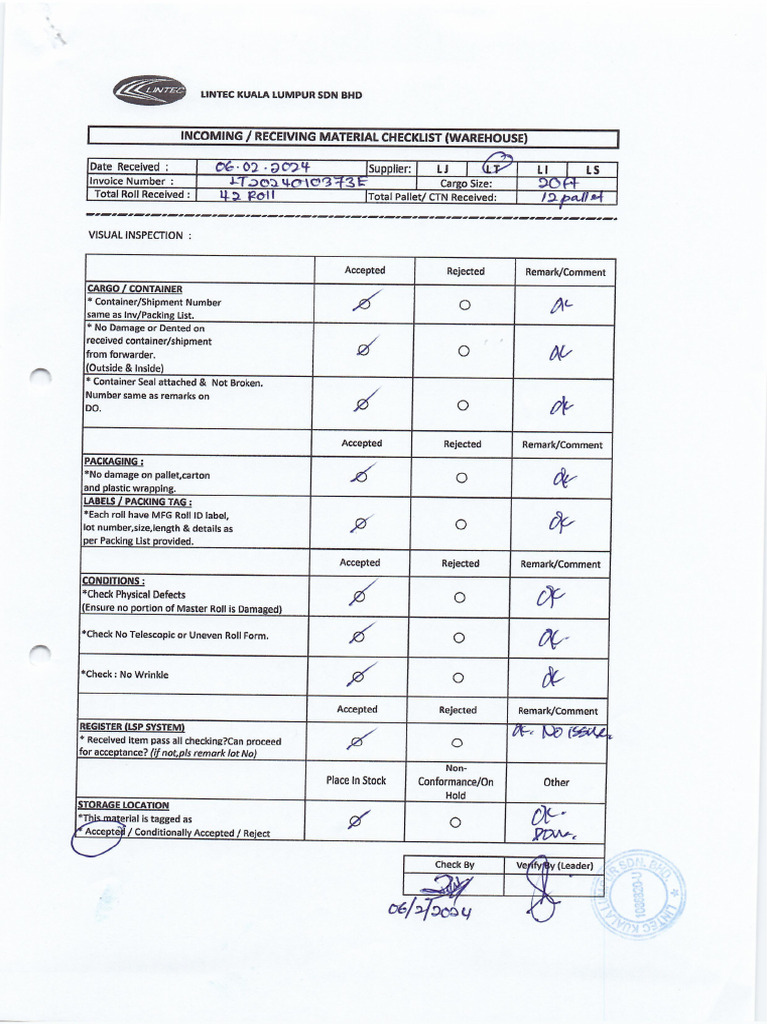 Incoming & Outgoing Checklist - Warehouse | PDF