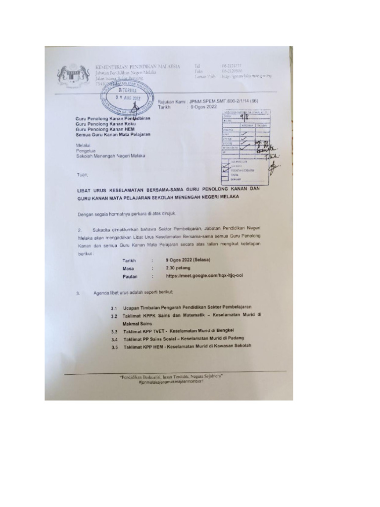 Libat Urus Keselamatan Pelajar Bersama JPN Melaka 9 Ogos 2022 | PDF