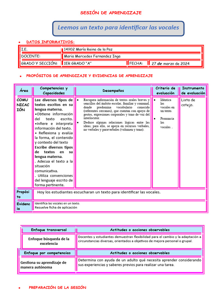 Sesion de Com - Leemos para Identificar Las Vocales | PDF | Evaluación ...