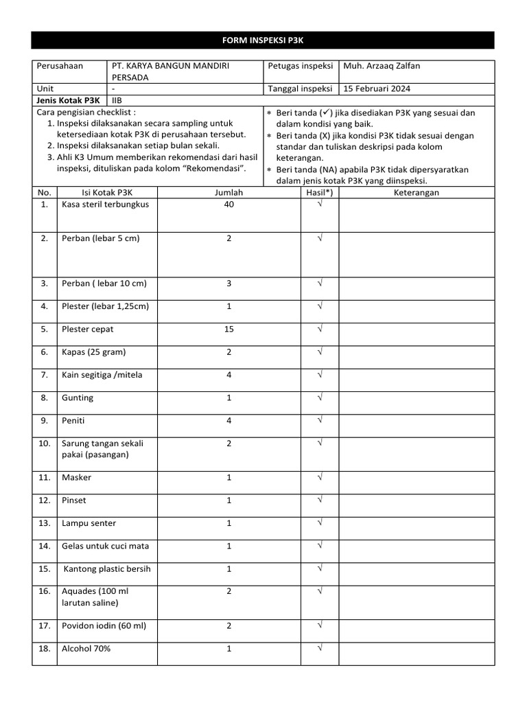 Form Inspeksi P3K | PDF