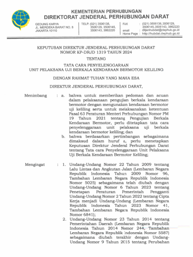 SK KP-DRJD 1319 Tahun 2024 - Uji Berkala Keliling - 240313 - 044057 | PDF | Teknologi & Rekayasa